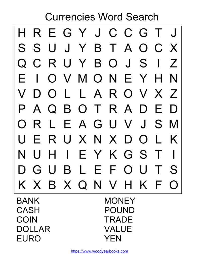Easy Currencies Word Search Printable For Seniors – Woodyear Books