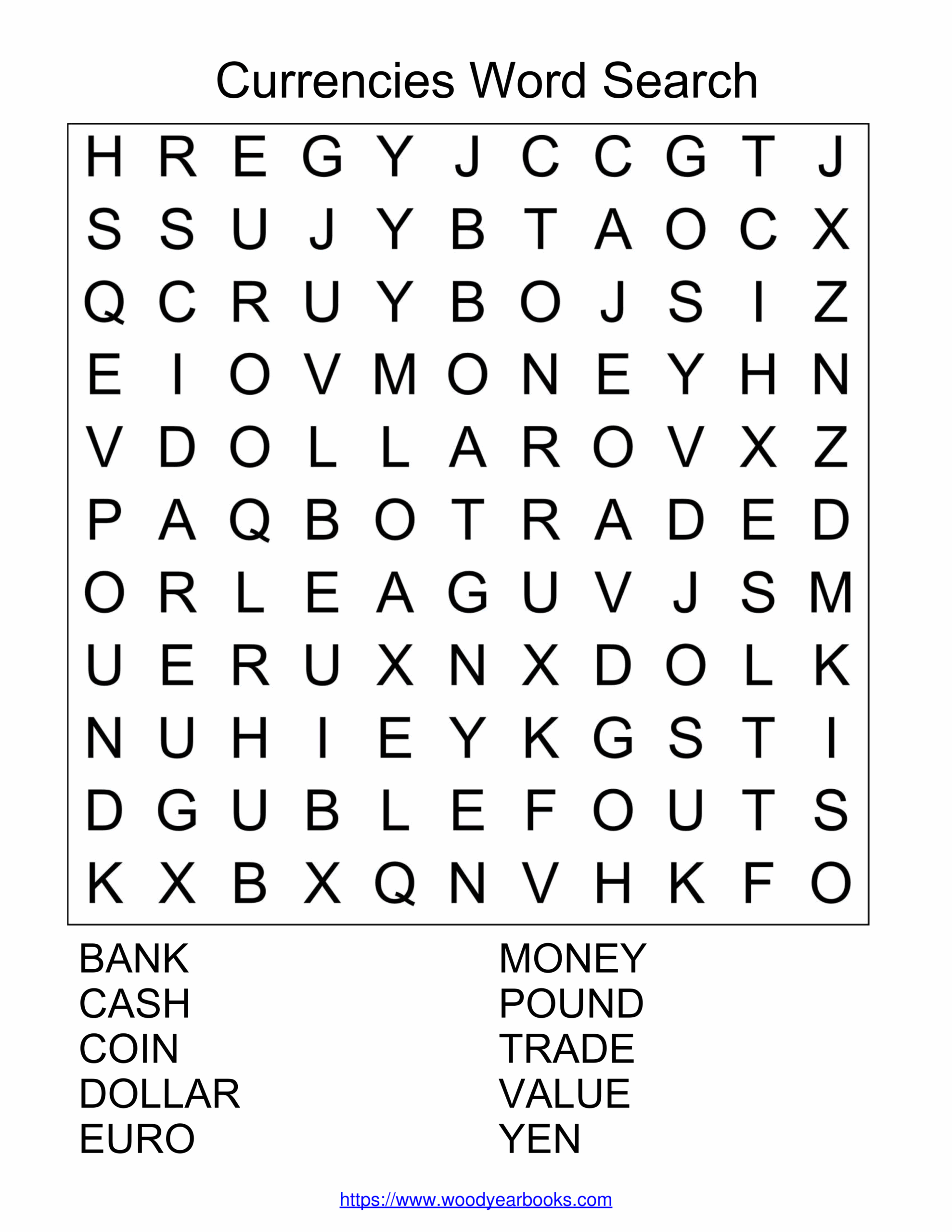 Easy Currencies Word Search Printable For Seniors – Woodyear Books